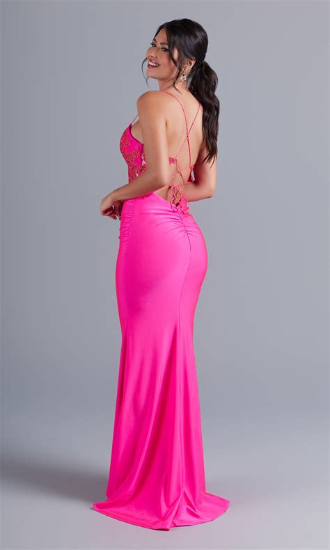 Hot Pink Long Prom Dress With Sheer Bodice Promgirl