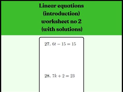 Linear Equations Introduction Worksheet No 2 With Solutions Teaching Resources