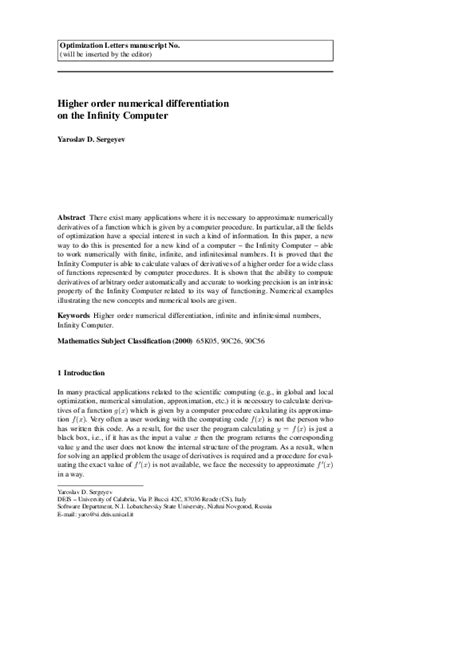 Pdf Higher Order Numerical Differentiation On The Infinity Computer