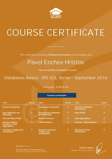 Databases Basics Ms Sql Server September 2016 Certificate Pdf