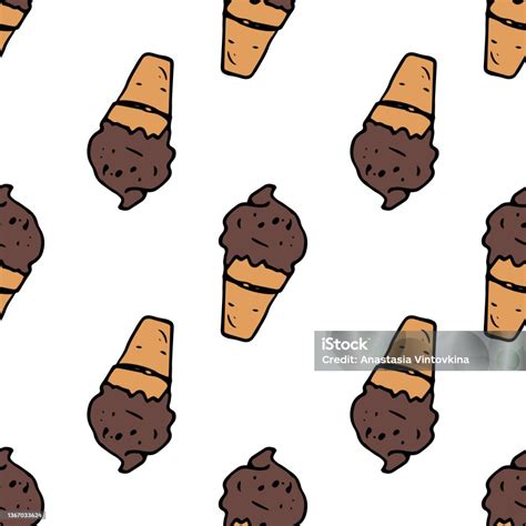 초콜릿 아이스크림을 컬러로 한 와플 콘의 패턴 갈색 와플 콘에 초콜릿 아이스크림의 원활한 패턴 여름 디자인 템플릿 간판 메뉴 라벨에 대한 흰색에 종종 낙서 스타일의 사이드