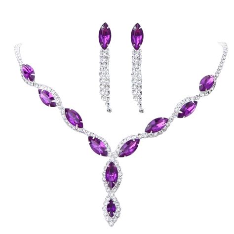 Purple Necklace Earrings Set Crystal Rhinestone Diamante Wedding Jewelry Set Jewelry Sets