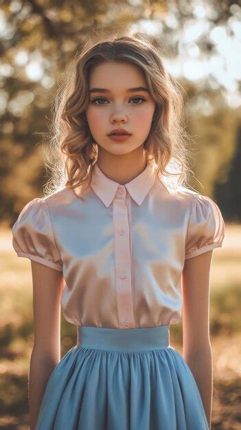 Photorealistic Teen Girl In Light Pink Satin Blouse Premium Ai Generated Image