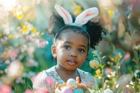 Premium Photo Little Black Girl Hunts Easter Eggs In Garden Wearing