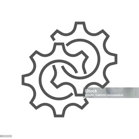 흰색 배경에 두 개의 톱니바퀴가 있는 검은색 격리된 윤곽선 아이콘입니다 기어 휠의 라인 아이콘입니다 편집 가능한 획 주당순이익 10 개념에 대한 스톡 벡터 아트 및 기타