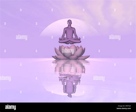 Man Meditating Upon Single Lily Lotus Flower And Water In Violet Sunset