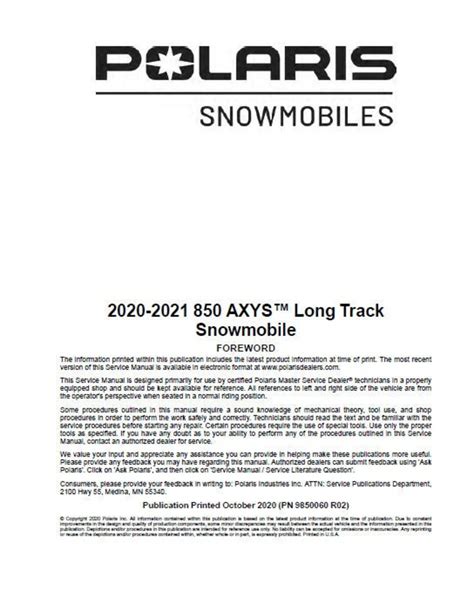 Polaris Axys 850 Snowmobile Service Manual 2020 2021 Long Track Rmk