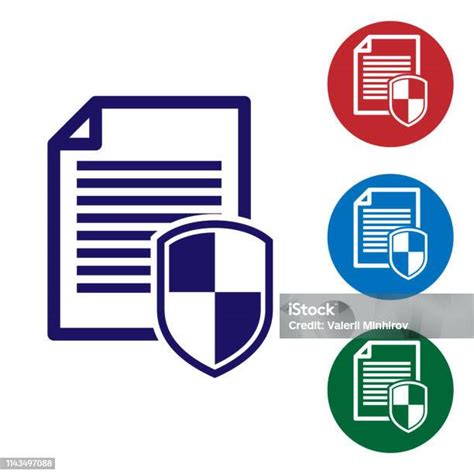흰색 바탕에 파란색 문서 보호 개념 아이콘입니다 기밀 정보 및 개인정보 보호 아이디어 종이 문서 롤 및 가드 방패와 데이터를 보호 원 버튼 벡터 일러스트 0명에 대한 스톡
