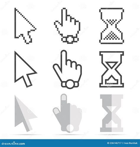 Mouse Cursor Icon Set Pixel And Smooth Arrows Hands And Hourglasses Clocks Stock Illustration