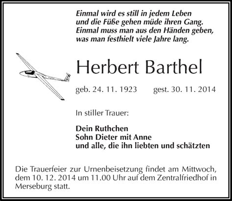 Traueranzeigen Von Herbert Barthel Abschied Nehmen De