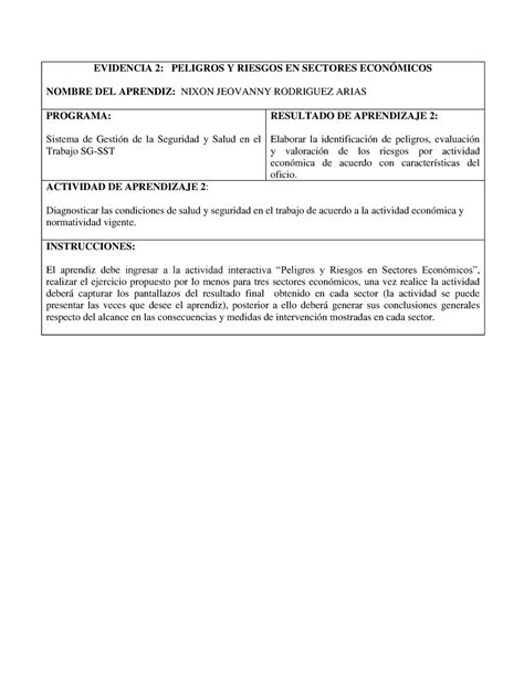 Evidencia Sectores Economicos Evidencia 2 Peligros Y Riesgos En