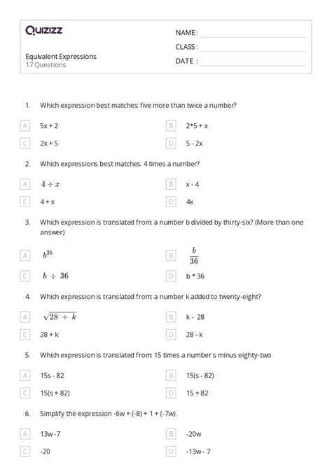 50 Equivalent Expressions Worksheets For 8th Class On Quizizz Free
