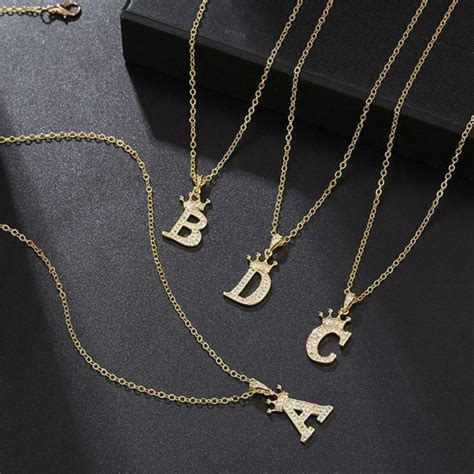Crown Initials Pendant Necklace Mens And Womens Capital Letters Gold Plated Zircon Stainless