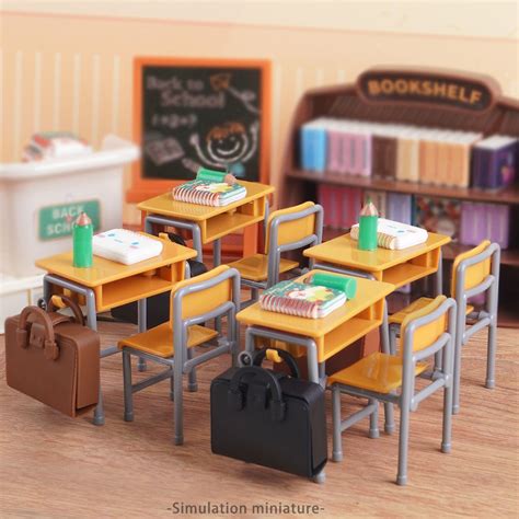 Mini Classroom Doll House Desk Chair Chalkboard Miniature School