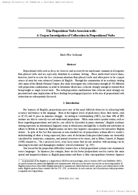 Pdf The Prepositions Verbs Associate With A Corpus Investigation Of Collocation In