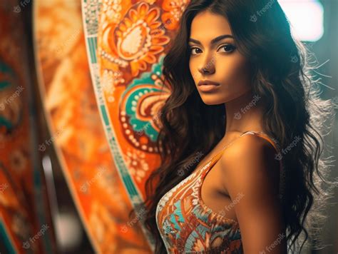 Premium Ai Image Beautiful Woman Holding A Surfboard A Photo Of A