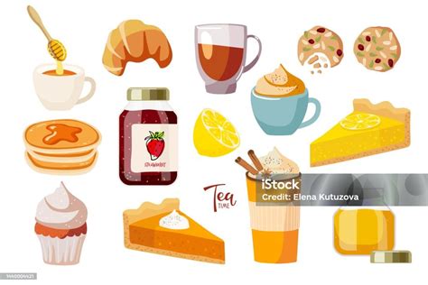 티 타임 꿀과 잼이 든 항아리 차 한잔 패스트리 레몬 맛있는 아침 식사 다양한 맛있는 베이커리 제품과 뜨거운 음료는 티 파티 메뉴 상점을 위해 흰색 배경에 격리되어 있습니다