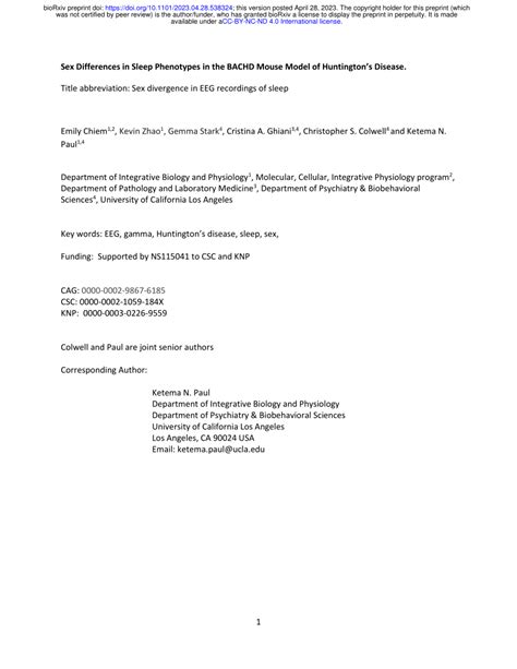Pdf Sex Differences In Sleep Phenotypes In The Bachd Mouse Model Of