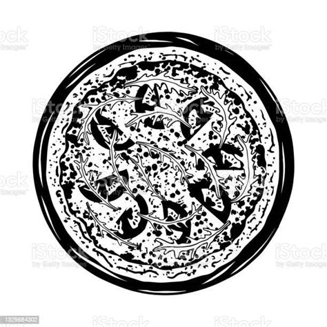 피자의 벡터 스케치 치즈 토마토 아루굴라를 얹은 맛있는 이탈리아 피자 벡터 흑백 그림입니다 0명에 대한 스톡 벡터 아트 및 기타