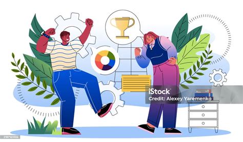 성공을 축하하는 비즈니스 팀 남자와 여자가 트로피와 황금 컵에 가깝습니다 최우수 직원에 대한 상금 및 보상 팀 승리 평면 벡터