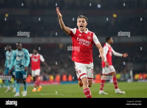 Arsenals Leandro Trossard Gestures During The English Premier League