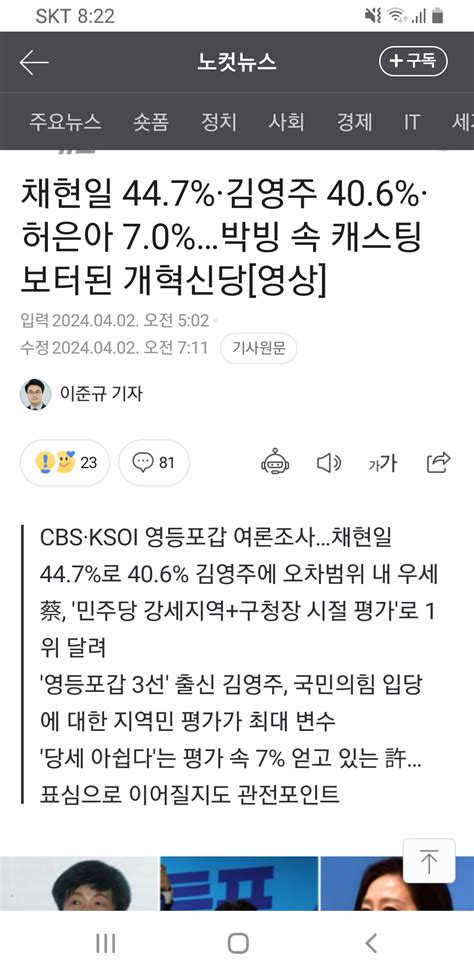 Ksoi 영등포갑 여조 채현일 447 김영주 406 허은아 70 정치시사 에펨코리아