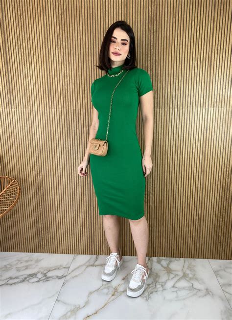 Vestido Canelado Sem Bojo Manga Curta Gola Verde Fernanda Ramos Store