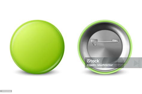 벡터 3d 현실적인 빈 녹색 라운드 버튼 배지 세트 근접 촬영 흰색 배경에 고립되어 있습니다 버튼 배지 플라스틱 또는 금속 Id 배지 디자인 템플릿 모형 앞 View 3차원