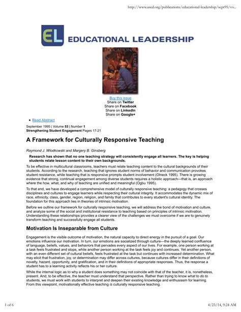 Pdf A Framework For Culturally Responsive Teaching