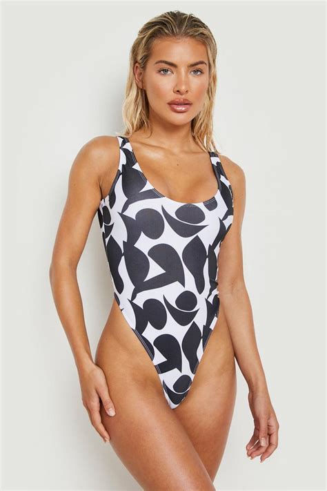 Womens Mono Abstract Print Scoop Neck Swimsuit Boohoo Uk