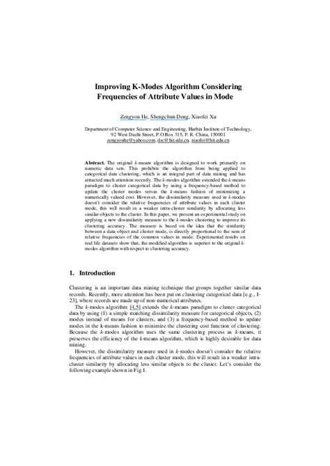 Pdf Improving K Modes Algorithm Considering Frequencies Of Attribute