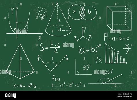 Math Geometry Graph And Shapes On Blackboard Background Set Science Doodle Hand Drawn Sketch