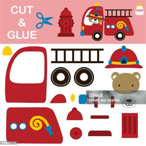 소화전으로 소방차를 운전하는 소방관 헬멧을 쓴 귀여운 곰 아이들을위한 교육 종이 게임 컷 아웃 및 접착 벡터 만화 그림 0명에 대한 스톡 벡터 아트 및 기타 이미지 Istock