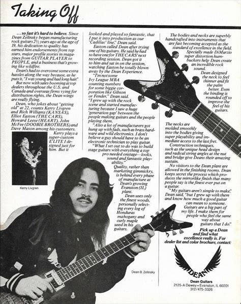 Dean B Zelinsky 1979 Dean Guitar Ad 8 X 11 Advertisement Kansas Kerry Livgren Dean Dean
