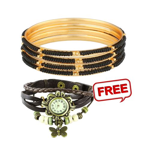 Buy Pourni Black Beads Gold Plated 4 Bangles Set For Women Prbg157