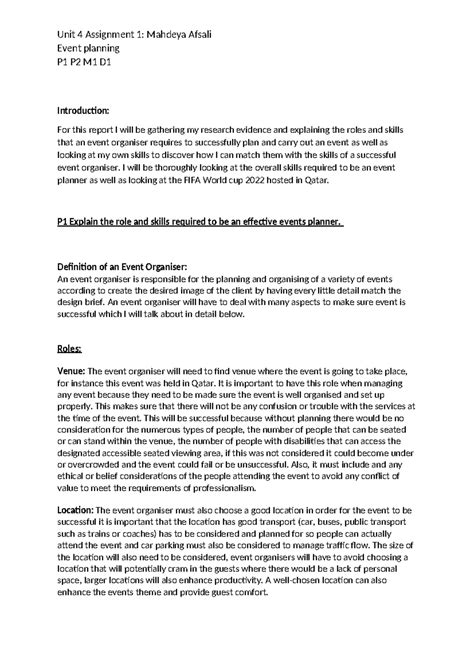 Unit 4 Assignment 1 This Is For Btec Business Event Planning P1 P2 M1 D Introduction For