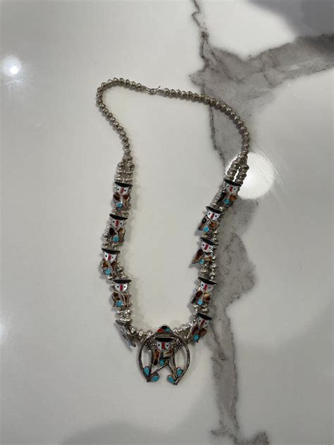 Squash Blossom Stone Shell Inlay Owl Design Necklace Signed P