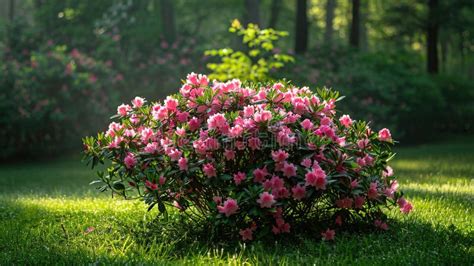 Pink Rhododendron Bush In A Lush Green Forest Stock Illustration