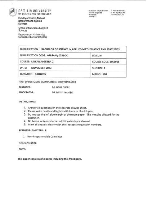 Lia601s Linear Algebra 2 1st Opp November 2023 Nust Past