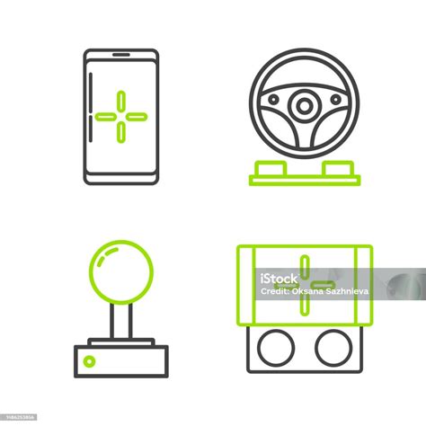 세트 라인 휴대용 비디오 게임 콘솔 아케이드 기계용 조이스틱 레이싱 시뮬레이터 조종석 및 스마트폰 및 재생 아이콘 벡터 Brand Name Video Game에 대한 스톡