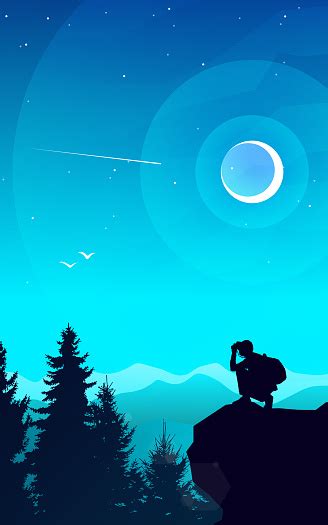 산 봉우리에 쌍안경을보고 남자 자연을 발견하고 탐험하고 관찰하는 여행 개념 하이킹 관광 모험 미니멀 한 그래픽 전단지 다각형 플랫 디자인 포스터 일러스트레이션 걷기에 대한