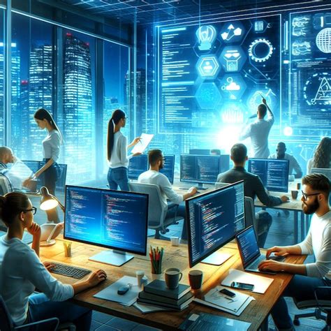 Premium Photo A Scene Showcasing A Team Of Software Developers Coding Collaborating Generative Ai