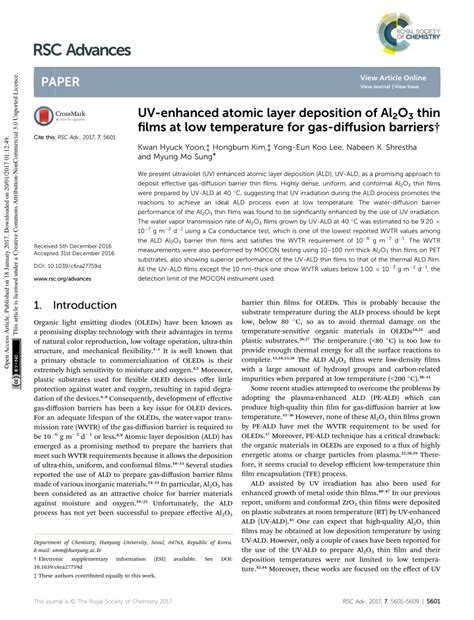Pdf Uv Enhanced Atomic Layer Deposition Of Al 2 O 3 Thin Films At Low