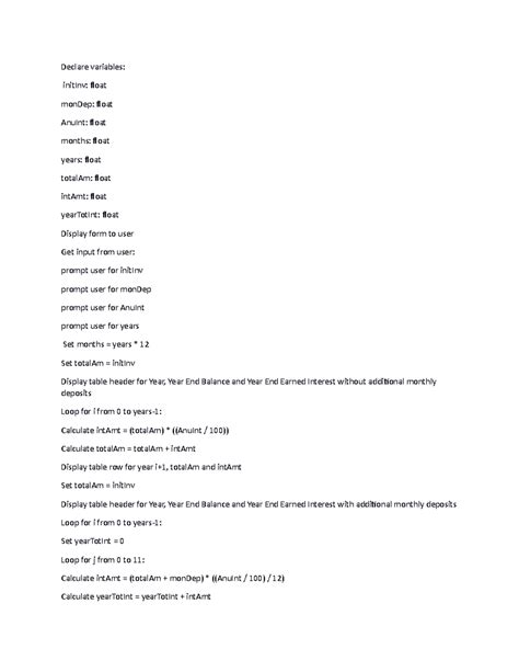 Cs 210 Pseudocode And Flowchart Declare Variables Initinv Float Mondep Float Anuint Float