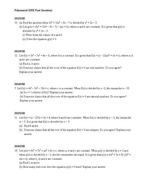 Polynomial Questions Dse Polynomial Dse Past Question 2012dse 10