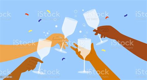 생일 파티 건배 다양한 남성 또는 여성 손으로 샴페인이나 와인 음료 잔을 들고 있는 새해 축하의 벡터 그림 축배에 대한 스톡