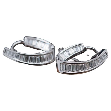 White Diamond Baguette Cluster Earrings In 18k White Gold For Sale At
