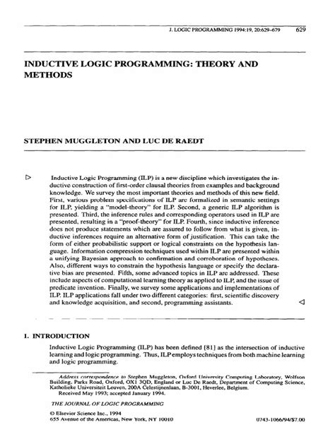 Inductive Logic Programming: Theory and Methods: Stephen Muggleton and ...