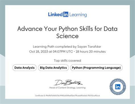 Certificateofcompletion Advance Your Python Skills For Data Science Pdf
