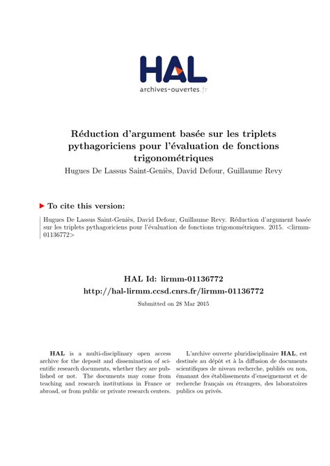 Pdf Réduction D Argument Basée Sur Les Triplets Pythagoriciens Pour L